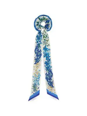 FERRAGAMO Silk Floral Print Scrunchie With Detachable Ribbon - Blue