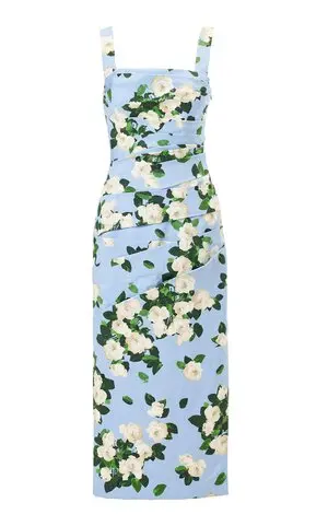 Carolina Herrera Painted Rose Cotton-blend Midi Dress - Light Blue