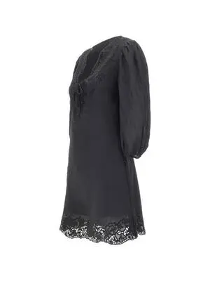 BOSS Ramie Embroidered V-neck Dress