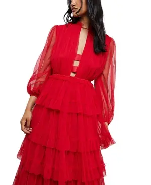WAREHOUSE Ruffled Tulle Maxi Dress