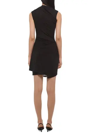 Helmut Lang Sleeveless Jewel Neck Dress With Asymmetrical Hem And Side Knot Detail
