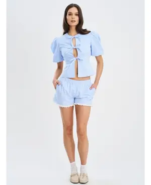 MISS CIRCLE NEW YORK Baby Gingham Lace Trim Shorts - Blue