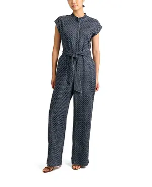 CARTOLINA Cap Sleeve Jumpsuit With Mandarin Collar And Belted Waist - Midnight Blue