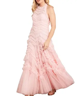 NEEDLE & THREAD Elia Halter Neck Ruffle Tulle Maxi Gown - Seashell