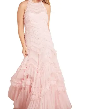 NEEDLE & THREAD Elia Halter Neck Ruffle Tulle Maxi Gown - Seashell