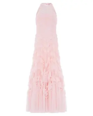 NEEDLE & THREAD Elia Halter Neck Ruffle Tulle Maxi Gown - Seashell