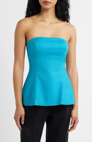 Topshop Strapless Peplum Top In Linen Blend - Turquoise