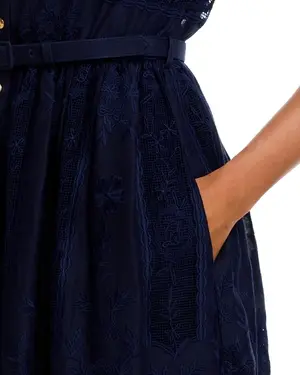 SELF-PORTRAIT Ramie Collared Midi Dress With Embroidery