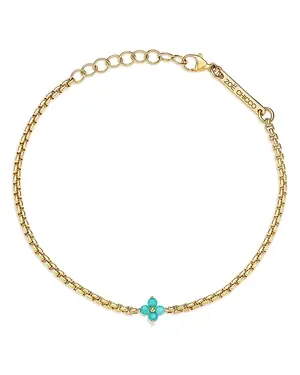 Zoe Chicco 14k Yellow Turquoise Gemstones Flower Cluster Box Link Chain Bracelet - Gold