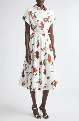Oscar De La Renta Chiné Hibiscus Cotton Stretch Poplin Midi Shirtdress - Red/white