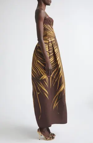 Oscar De La Renta Strapless Faille Palm Print Gown