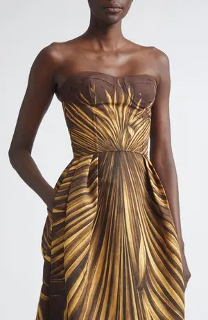 Oscar De La Renta Strapless Faille Palm Print Gown