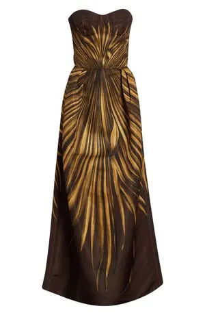Oscar De La Renta Strapless Faille Palm Print Gown