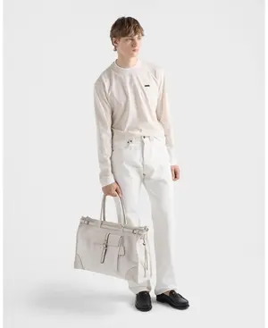 Prada Bonnie Denim And Leather Tote Bag - White