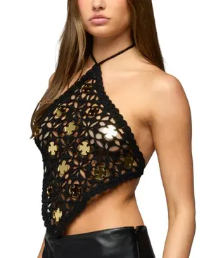 EDIKTED Crochet Halter Top With Metallic Embellishments