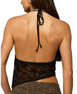 EDIKTED Asymmetric Fringe Sheer Lace Halter Top