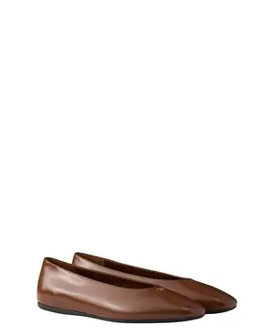 Prada Brushed Leather Square Toe Ballerinas - Brown