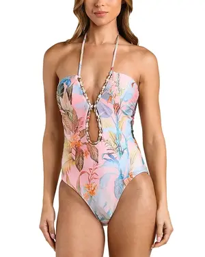 L'Agence Opus Colorful Palm Halter One Piece Swimsuit - Multi