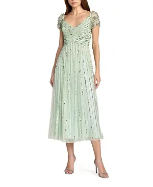Mac Duggal Sequin Mesh Midi Dress With Beaded Shoulders - Sage