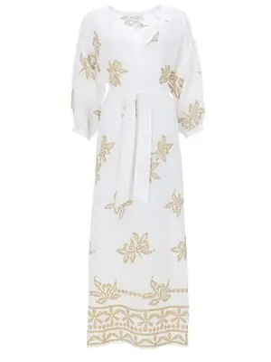 120% Lino Midi Dress With Floral Print