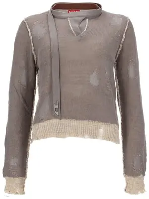 DIESEL® Distressed Knit Sweater With Tie Detail - Grey