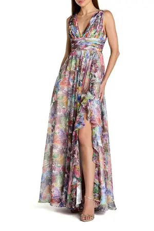 Mac Duggal Sleeveless Printed Chiffon V-neck Gown - Multi