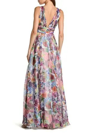 Mac Duggal Sleeveless Printed Chiffon V-neck Gown