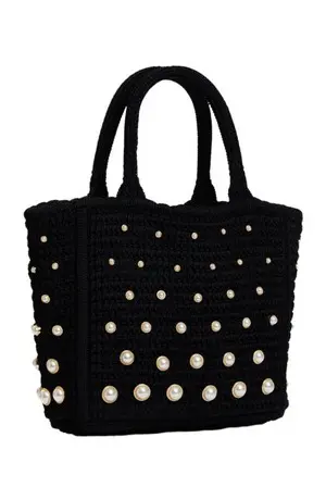 Sandro Beaded Crochet Top Handle Bag - Black