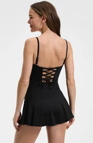 LANDS' END Sculpting Bandeau Lace Back Mini Swim Dress