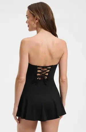 LANDS' END Sculpting Bandeau Lace Back Mini Swim Dress