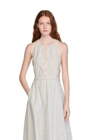 Sandro Striped Cotton Maxi Dress With Contrasting Trim - Ecru/bleu