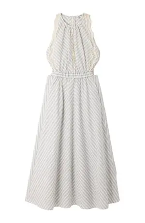 Sandro Striped Cotton Maxi Dress With Contrasting Trim - Ecru/bleu