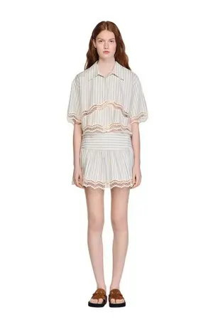 Sandro Striped Cotton Skort With Lace Trim - Ecru/bleu