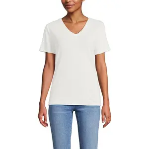 LANDS' END Short Sleeve V-neck Linen Blend Tee - Ivory