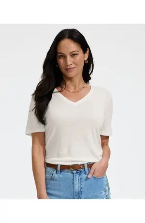 LANDS' END Short Sleeve V-neck Linen Blend Tee - Ivory