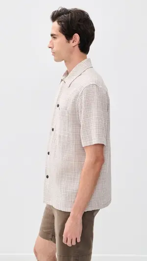 Theory Short Sleeve Shirt In Mini Textured Check - Morel Multi