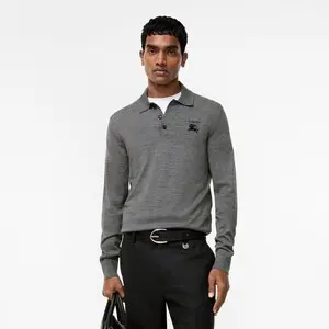 Burberry Long-sleeve Knight Wool Polo Shirt - Grey