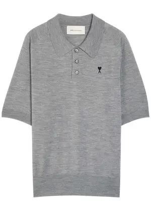 AMI Paris Logo-embroidered Wool Polo Shirt - Grey