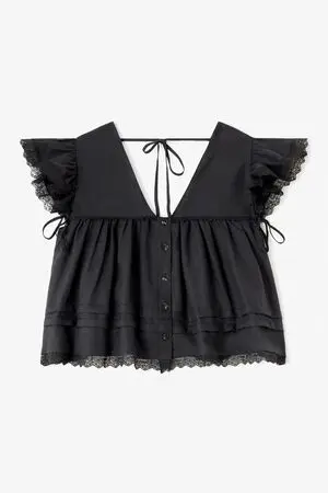 GANNI V-neck Lace Trimmed Blouse With Angel Sleeves - Black