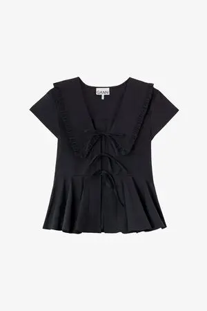 GANNI V-neck Blouse With Scarf Detail And Long Sleeves - Black