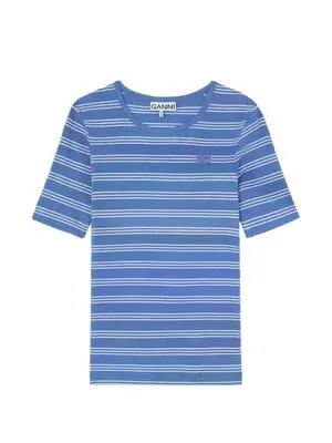 GANNI Striped Rib-knit T-shirt - Blue