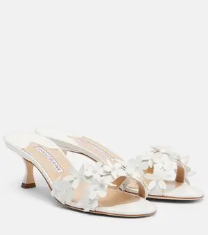 Manolo Blahnik Floral-appliqué Leather Mules - White