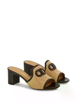 FERRAGAMO Gancini Ornament Raffia And Kidskin Mid-heel Slides