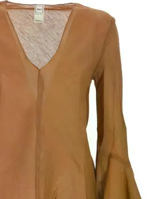 120% Lino Flared-sleeve V-neck Blouse - Brown