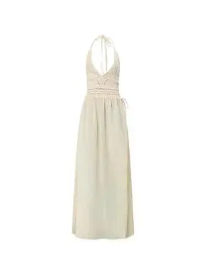 120% Lino Crochet-knit Halterneck Dress - Neutrals