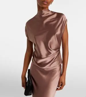 THE SEI Draped Silk Satin Top - Brown