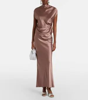 THE SEI Draped Silk Satin Top - Brown