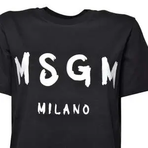 MSGM Cotton Satin T-shirt With Logo Print - Nero