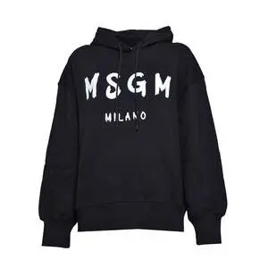 MSGM Black Cotton Hoodie With White Logo Print - Nero