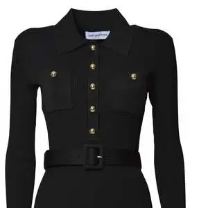 SELF-PORTRAIT Black Ribbed Knit Maxi Dress With Gold-tone Buttons And Belt